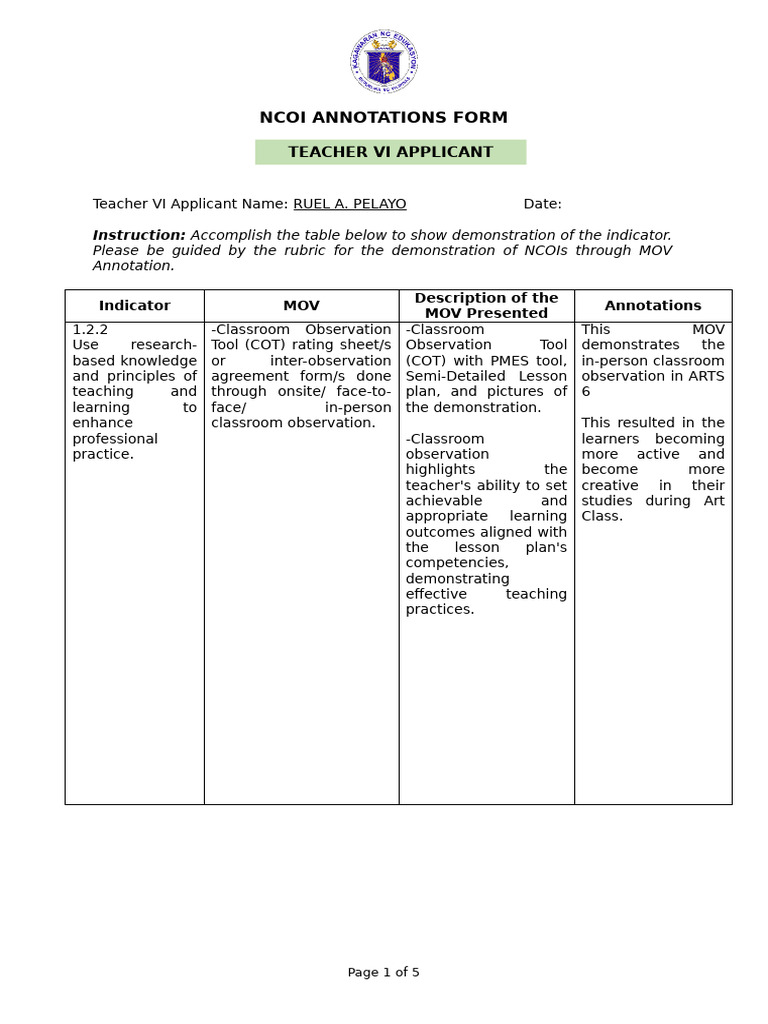 NCOI Annotations for Teacher VI Application | PDF | Teachers | Learning