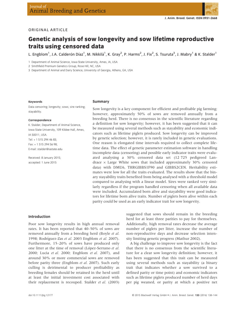 J Animal Breeding Genetics - 2015 - Engblom - Genetic Analysis of Sow ...