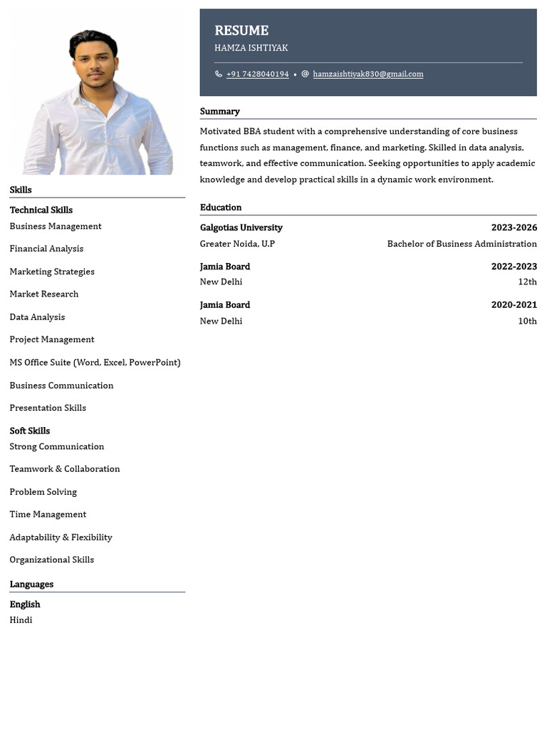 BBA Student Resume: Skills & Experience | PDF