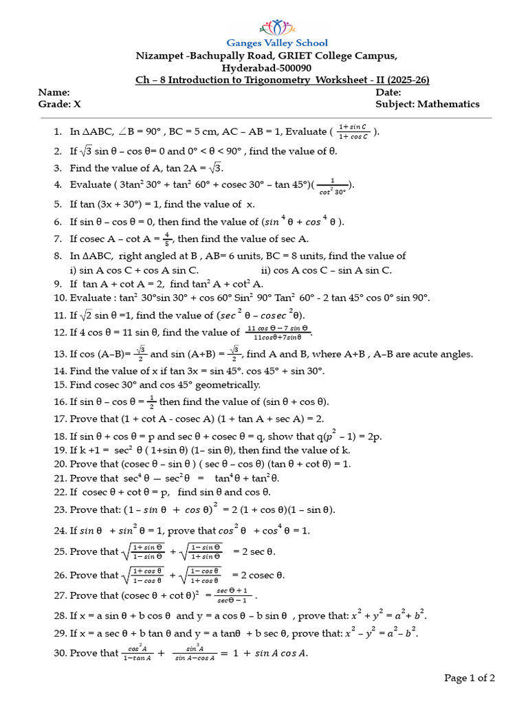 Ch - 8 Introduction to Trigonometry Worksheet - II | PDF | Trigonometry ...