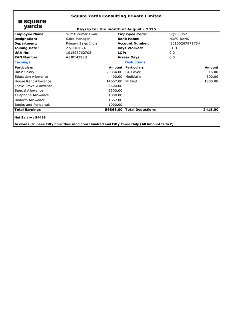 August 2025 Payslip for Sumit Tiwari | PDF