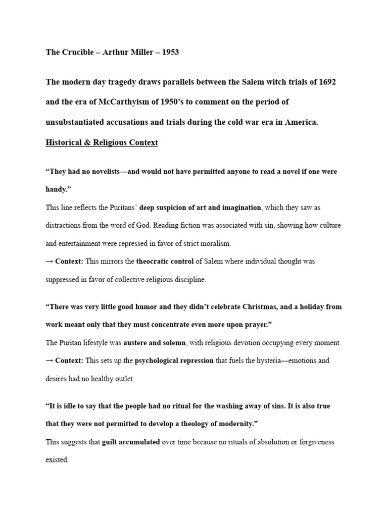 Crucible Context For The Test On 7th August | PDF | Puritans | Mc Carthyism