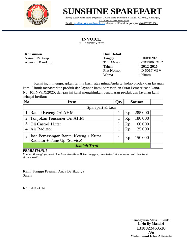 Invoice Penawaran Sparepart Motor Pa Asep | PDF