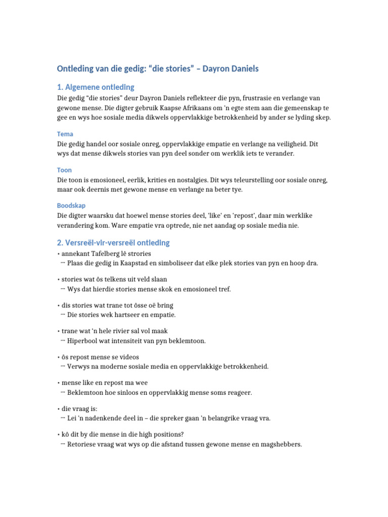 Die Stories Ontleding Dayron Daniels | PDF