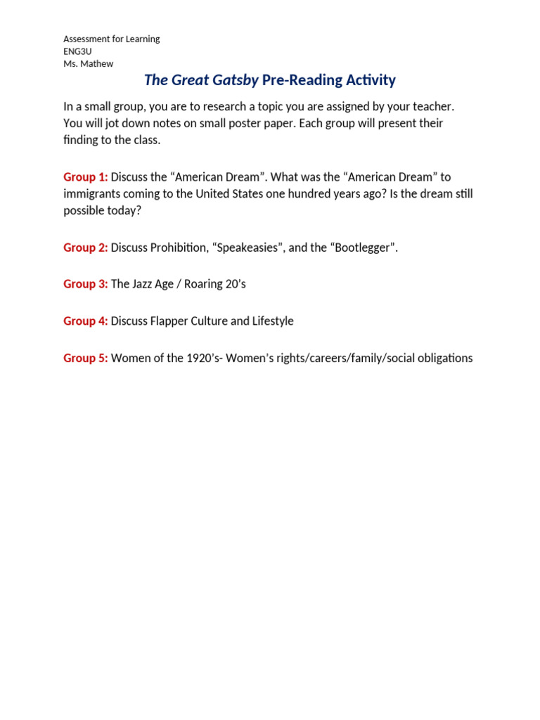 The Great Gatsby Pre-Reading Activity - 3U | PDF