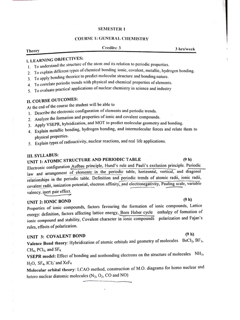 General Chemistry..syllabus and Unit..1 | PDF