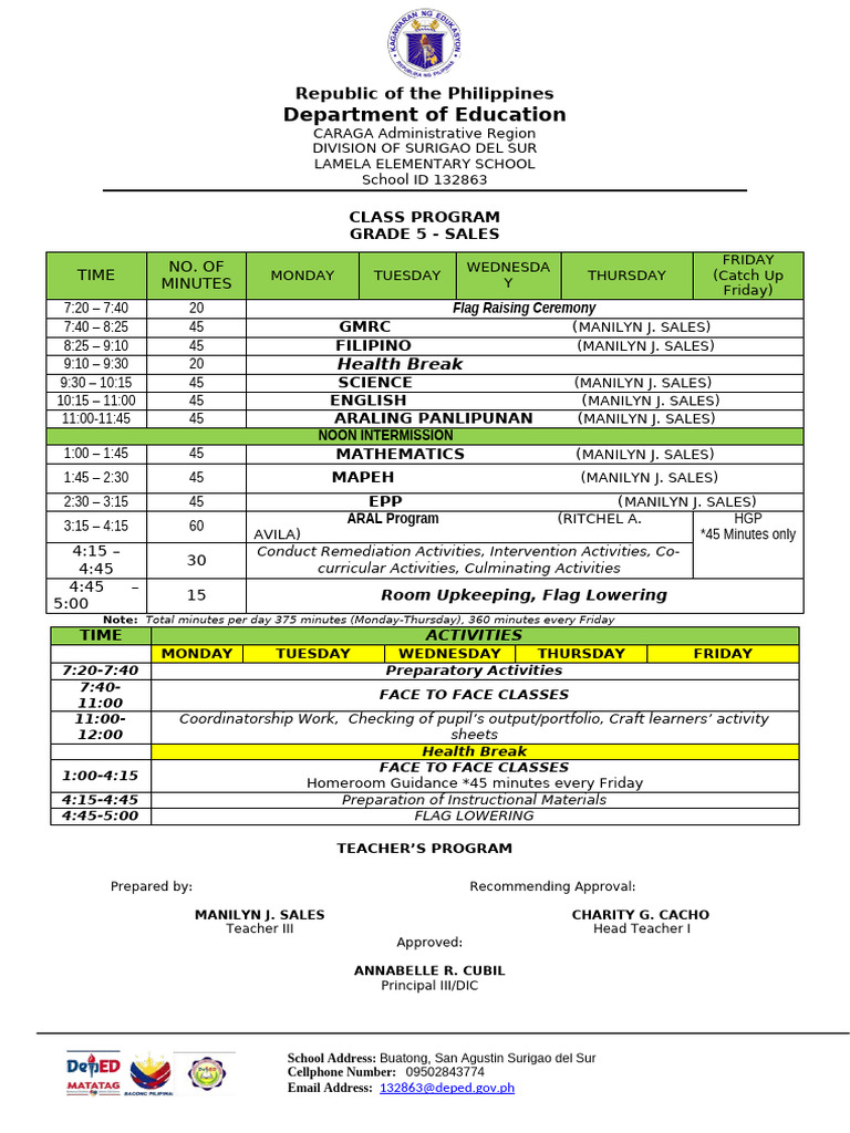 Lamela Elementary School Grade 5 Class Schedule | PDF | Asia ...