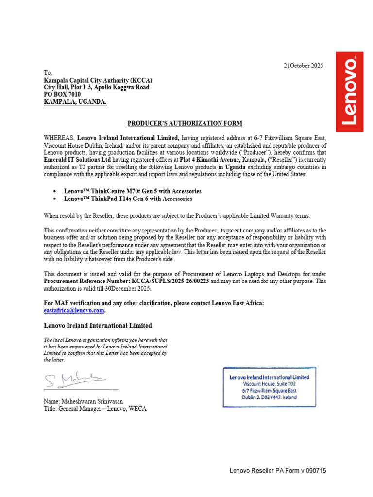 Emerald - KCCA MAF Letter 21oct. 2025 | PDF | Lenovo | Office Equipment