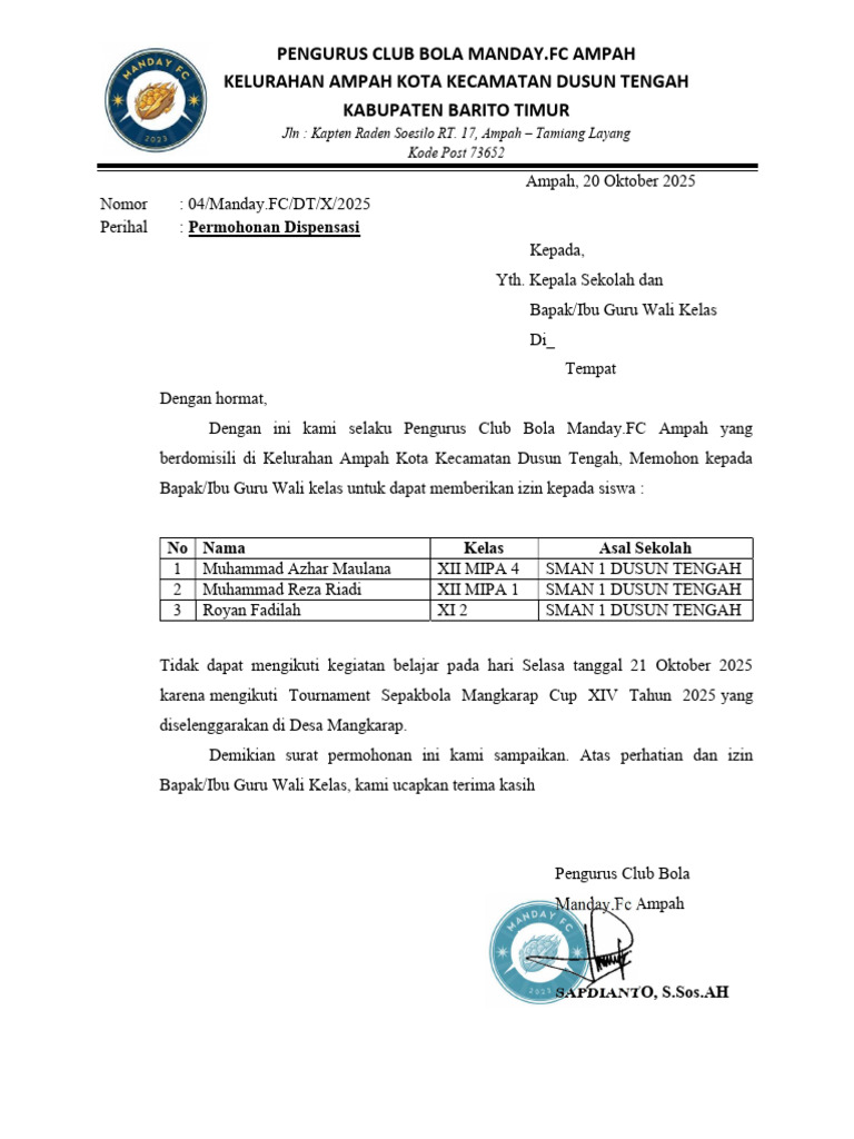 Surat Permohonan Dispensasi 21 Oktober 2026 | PDF