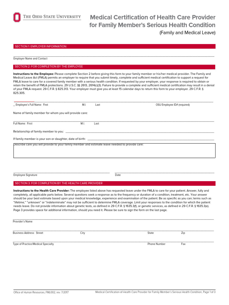 OSU FMLA Medical Certification Form | PDF | Health Care | Patient