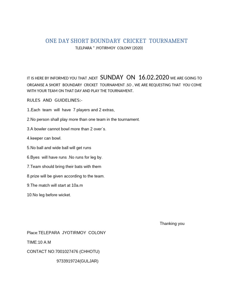 Short Boundary Cricket Tournament 2020 | PDF