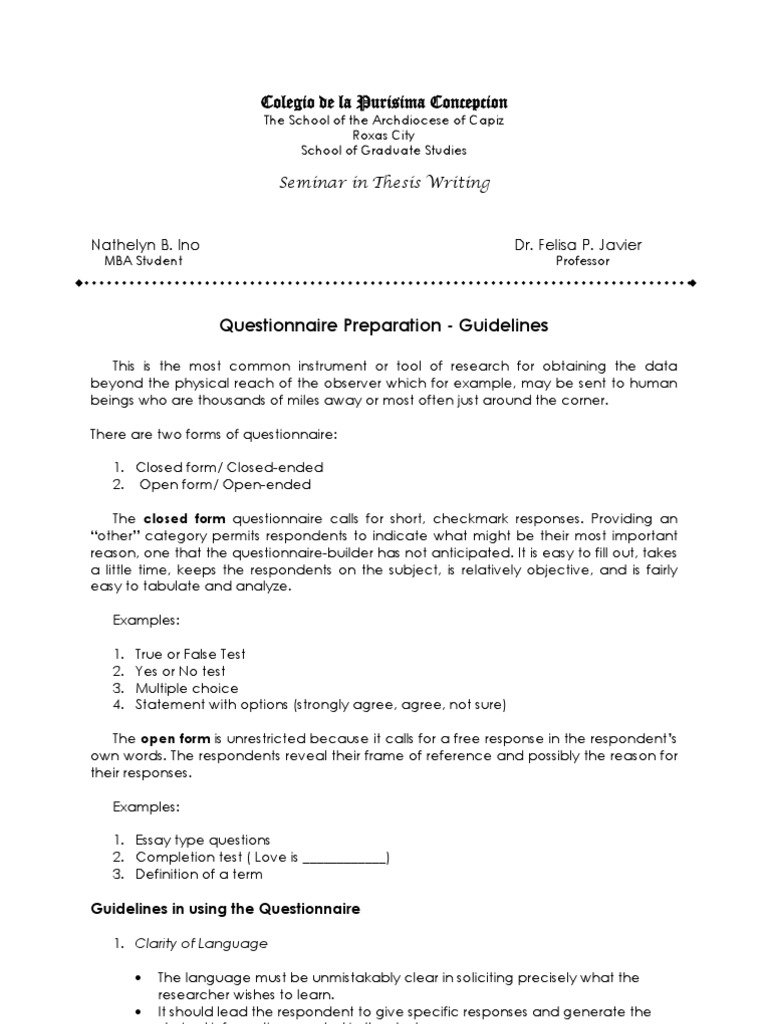 Colegio de La Purisima Concepcion: Questionnaire Preparation ...
