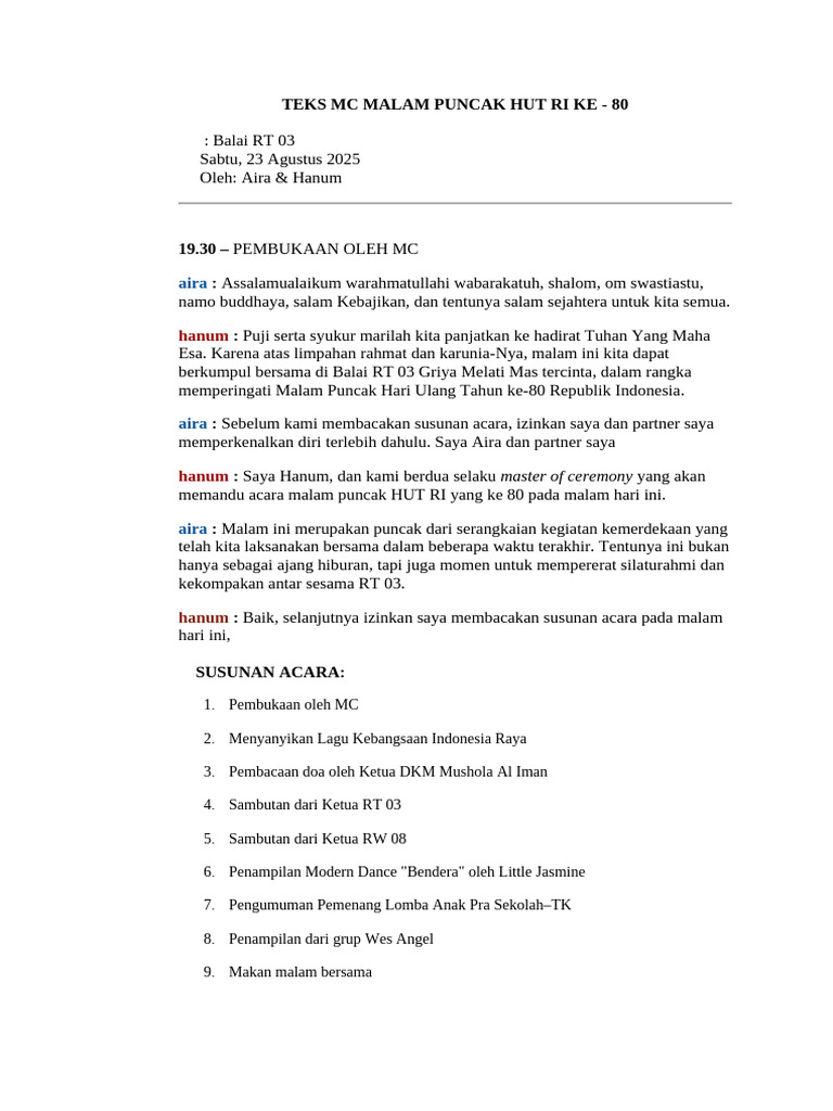 Teks MC Malam Puncak Hut Ri - 80 | PDF