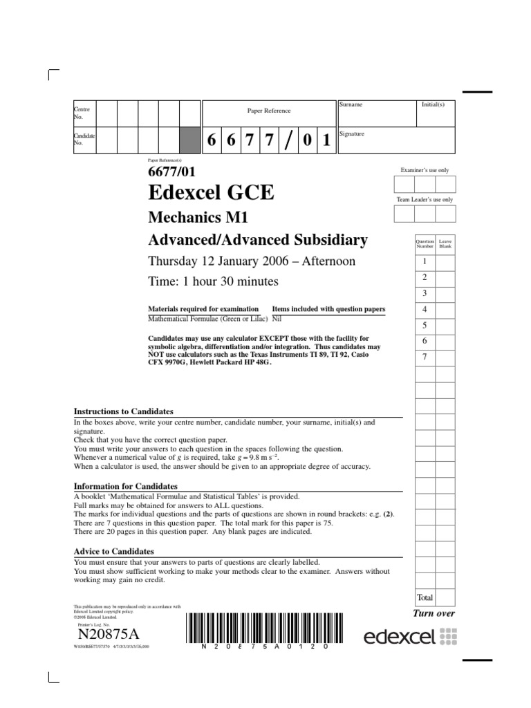 Edexcel GCE: Mechanics M1 Advanced/Advanced Subsidiary | PDF ...