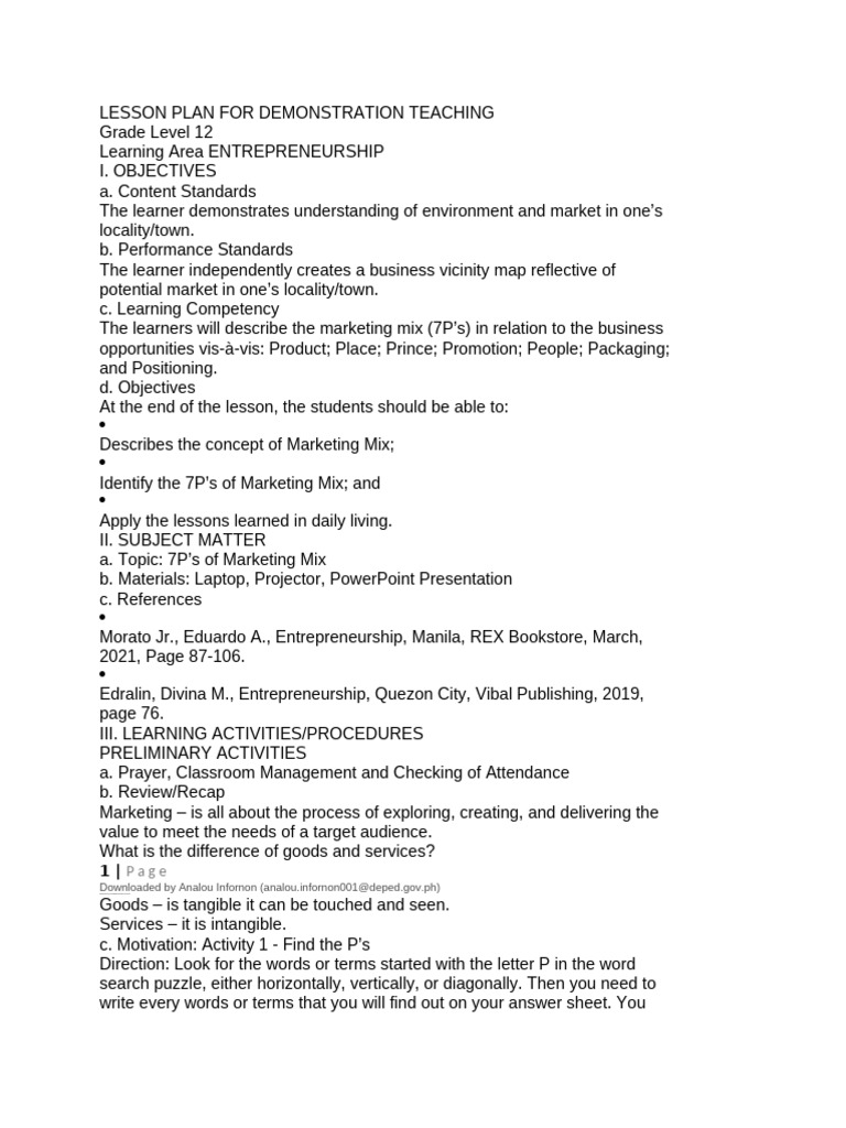 7P's Marketing Mix Lesson Plan | PDF | Marketing | Product (Business)