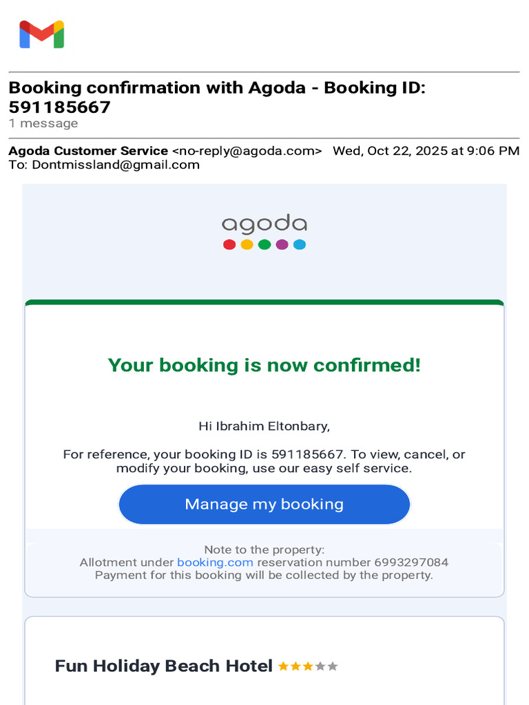 Gmail - Booking Confirmation With Agoda - Booking ID - 591185667 | PDF | Payments