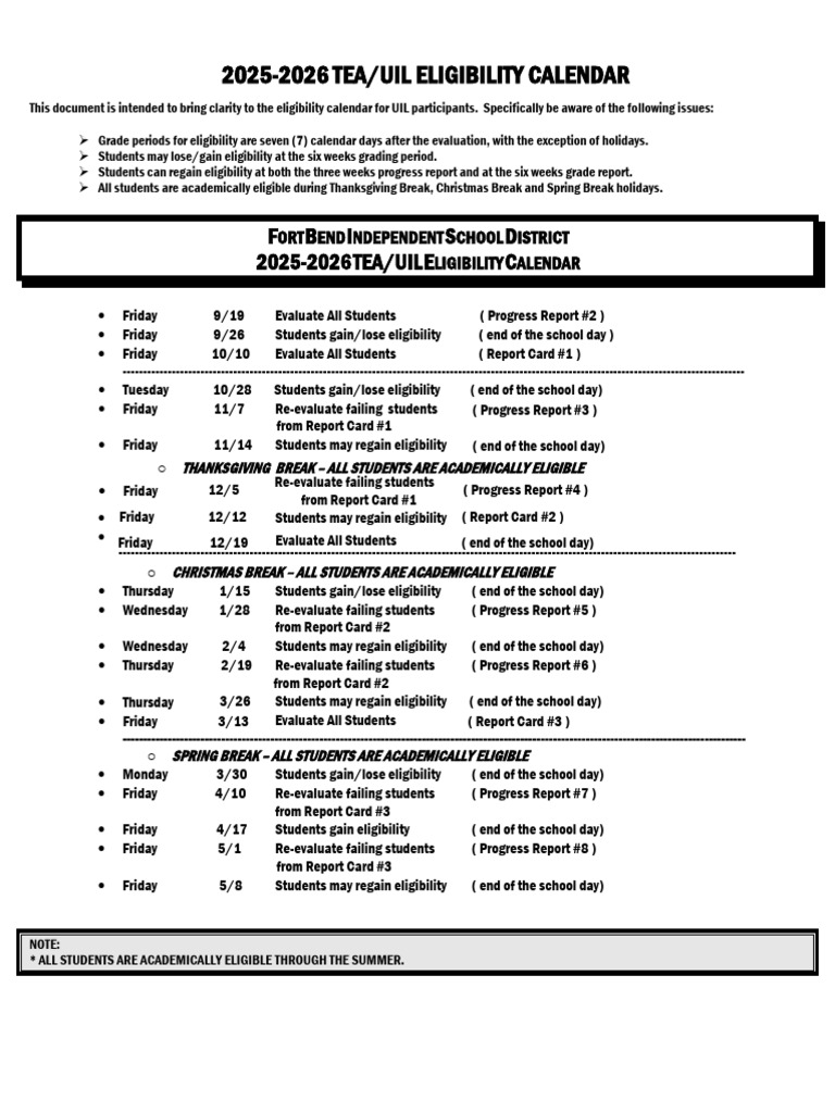 2025-2026 UIL Eligibility Calendar | PDF | Observances