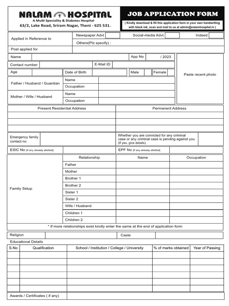 Nalam Hospital Job Application Form | PDF