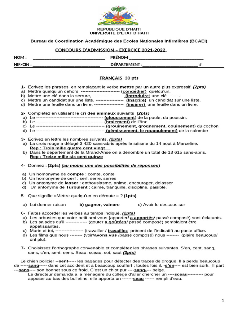 Concours d'admission ENIP 2021-2022 | PDF | Acide | Cerveau