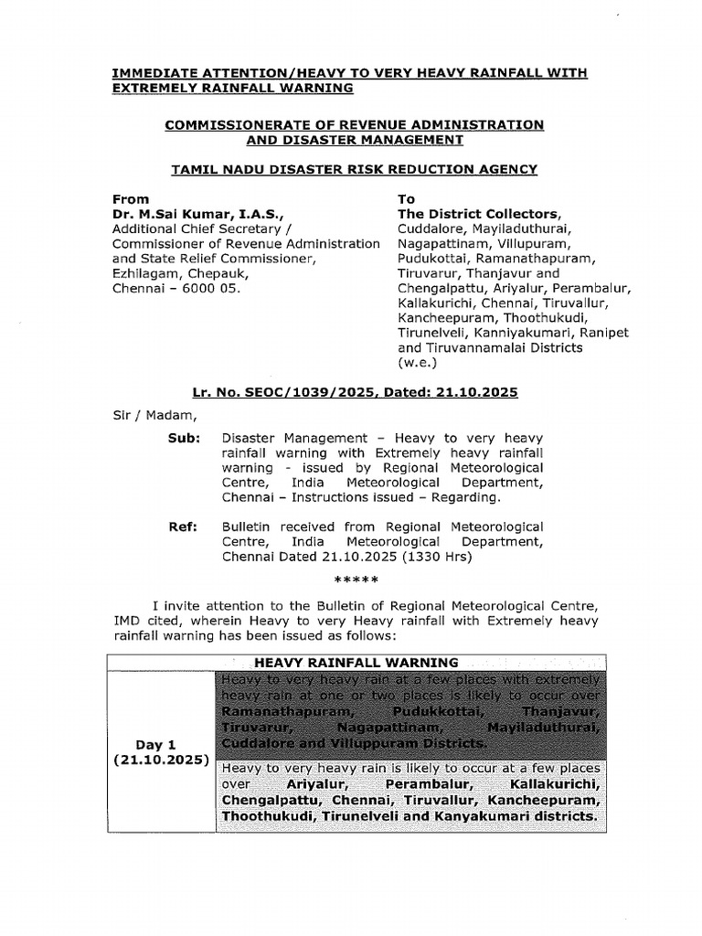 Heavy To Very Heavy Rainfall Warning For Tamil Nadu From 20.10 25 To 23 ...