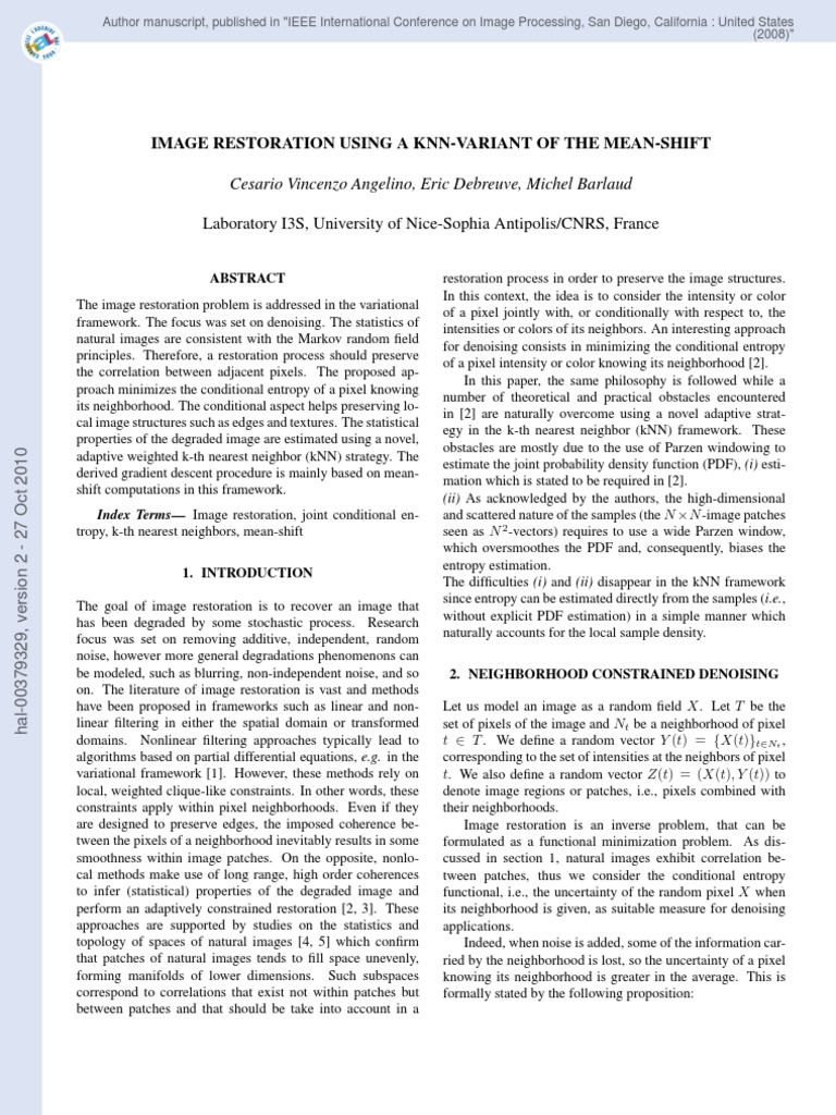 Adaptive Image Restoration Using a KNN-Variant of the Mean-Shift Algorithm | PDF | Probability ...