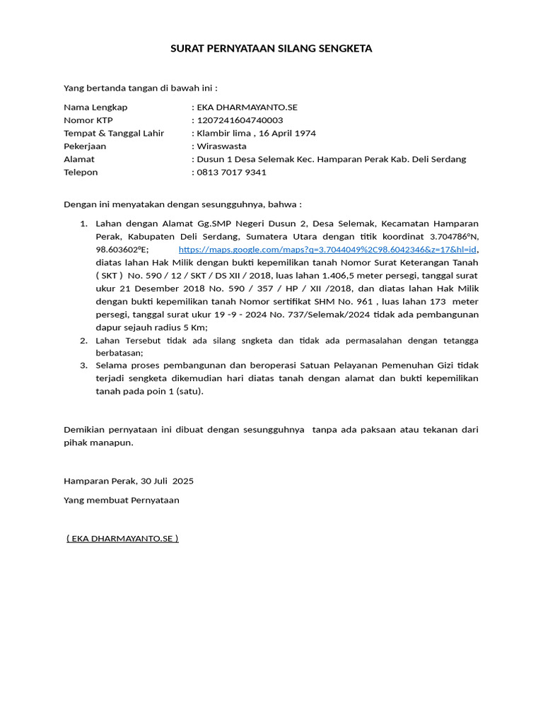 Surat Pernyataan Eka | PDF