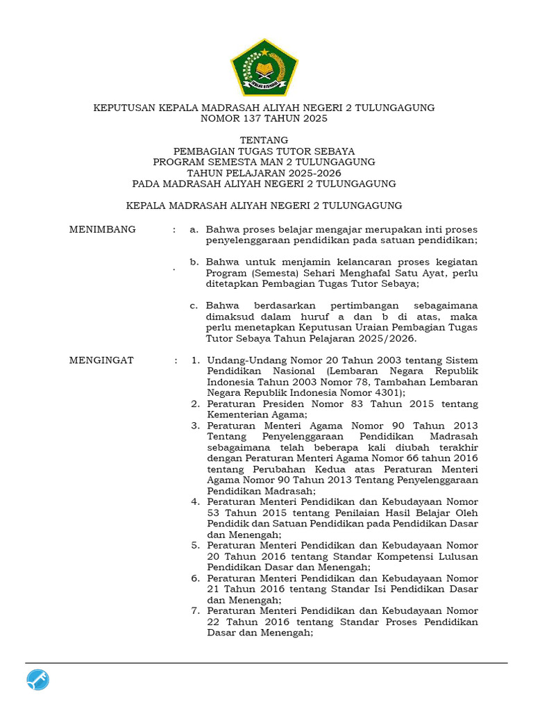 Pembagian Tugas Tutor Sebaya MAN 2 2025 | PDF