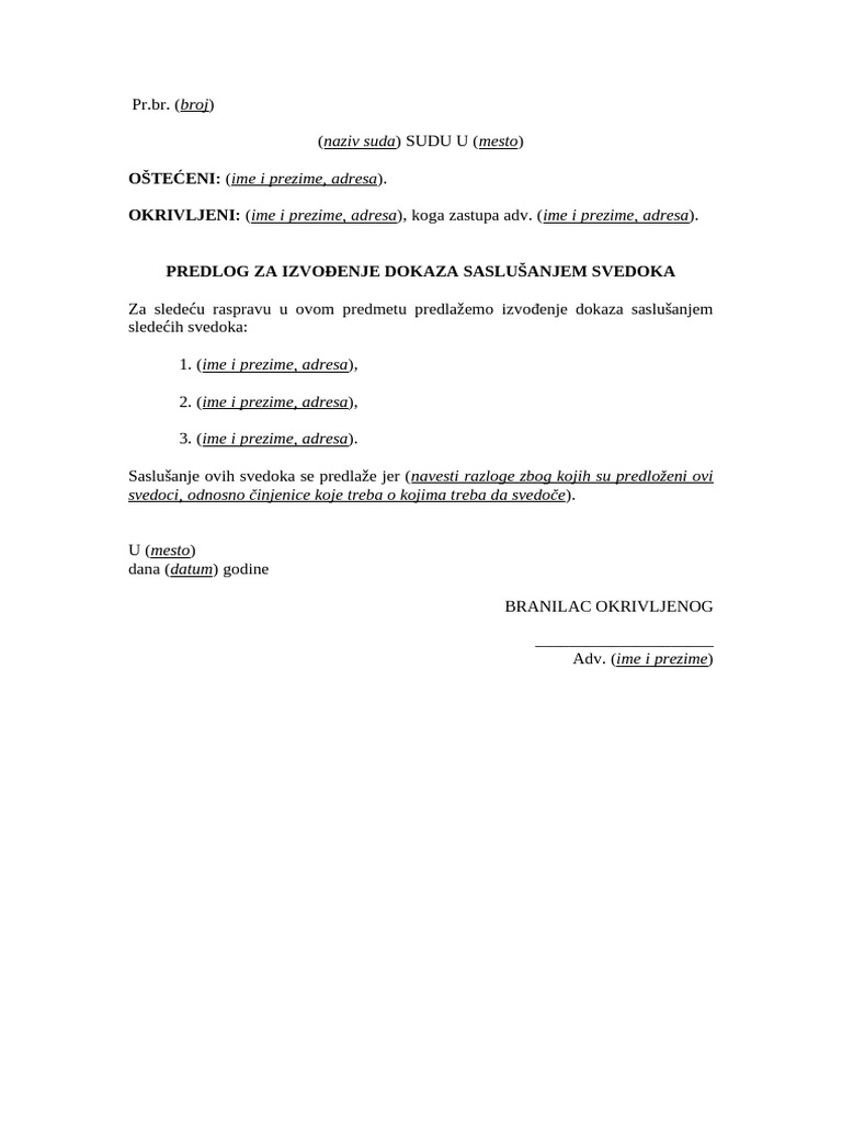 Predlog Za Izvođenje Dokaza Saslušanjem Svedoka U Prekršajnom Postupku | PDF