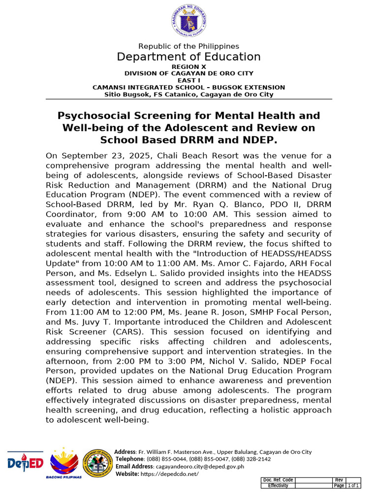 Adolescent Mental Health & DRRM Program | PDF