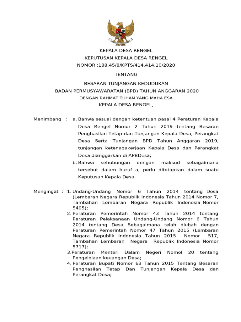 Tunjangan BPD Desa Rengel 2020 | PDF