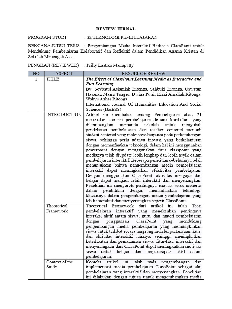 Contoh Hasil Review Jurnal Dan Tesis | PDF