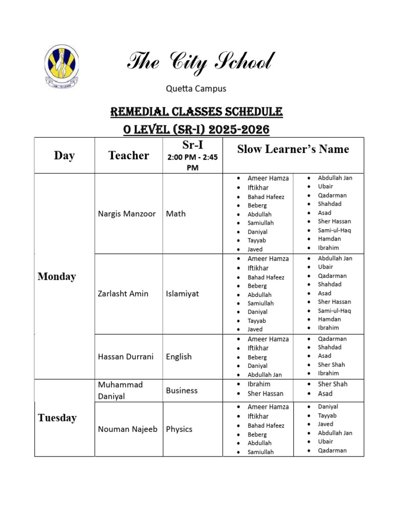 O Level Remedial Class Schedule 2025-2026 | PDF