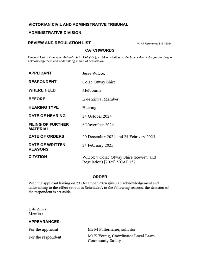 [2025] VCAT 152 (20 December 2024) (E de Zilwa, Member) Wilcox v Colac ...