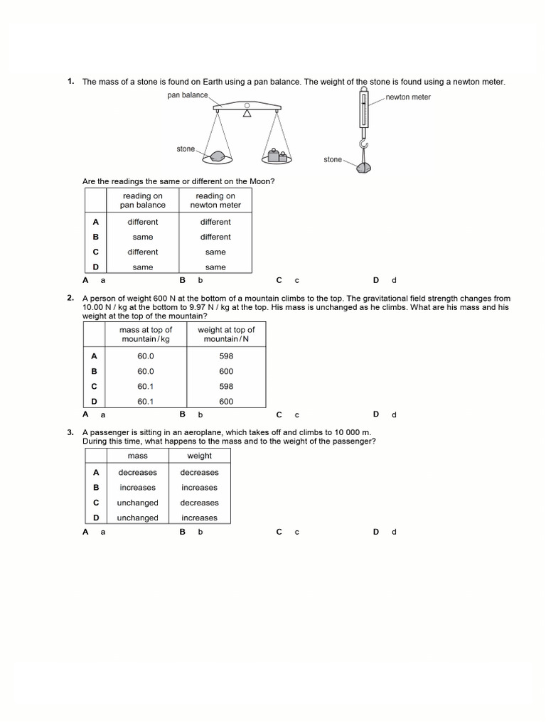 Mass, Weight and Density Question MCQs-with Asn Key | PDF | Weight | Mass