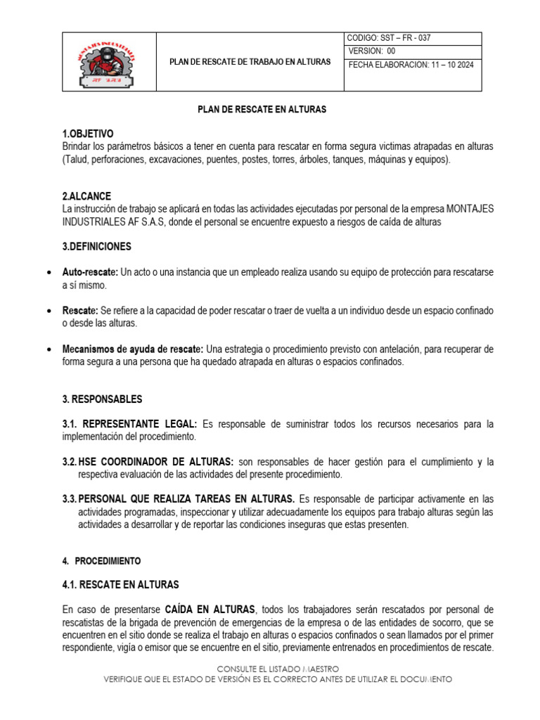 Plan de Rescate en Alturas SST-FR-037 | PDF