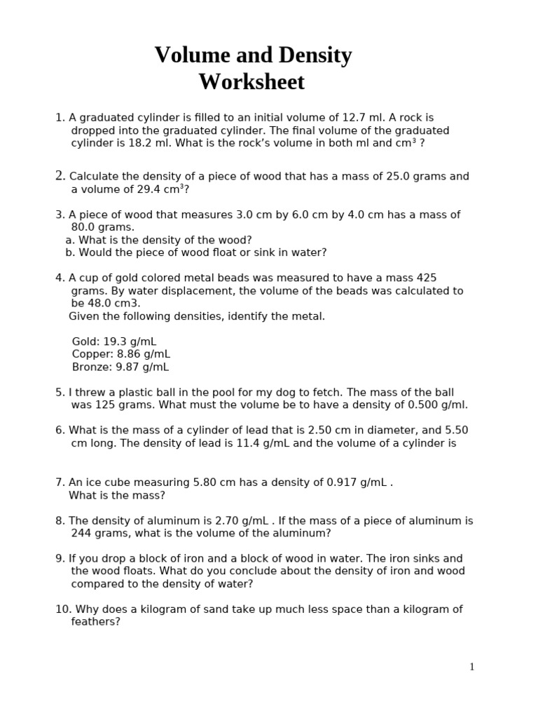 Volume and Density Worksheet | PDF
