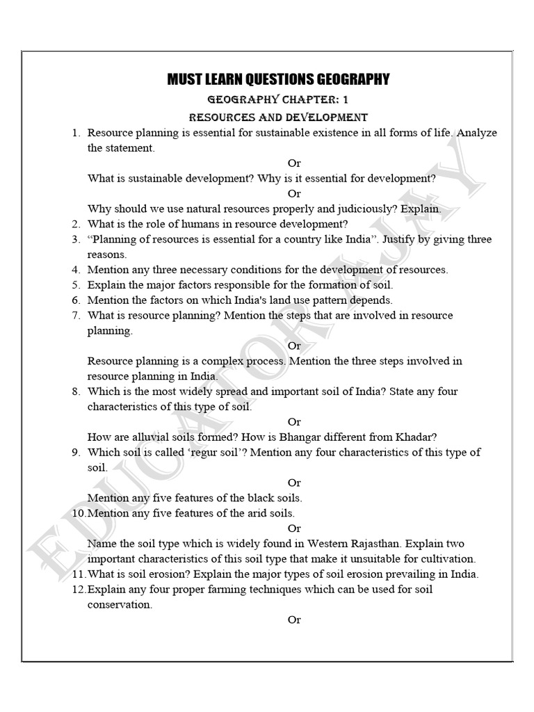 10th Geography Must Learn Questions | PDF | Agriculture | Rock (Geology)