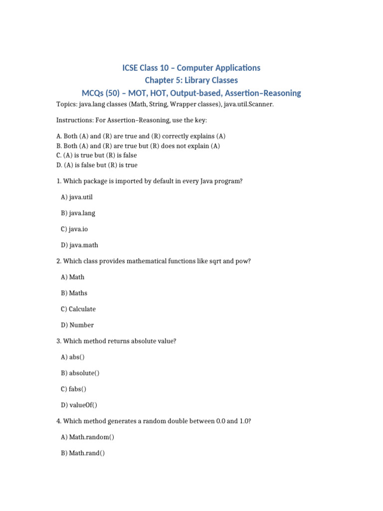 ICSE Class10 CA Chapter5 LibraryClasses MCQs | PDF | String (Computer Science) | Integer ...