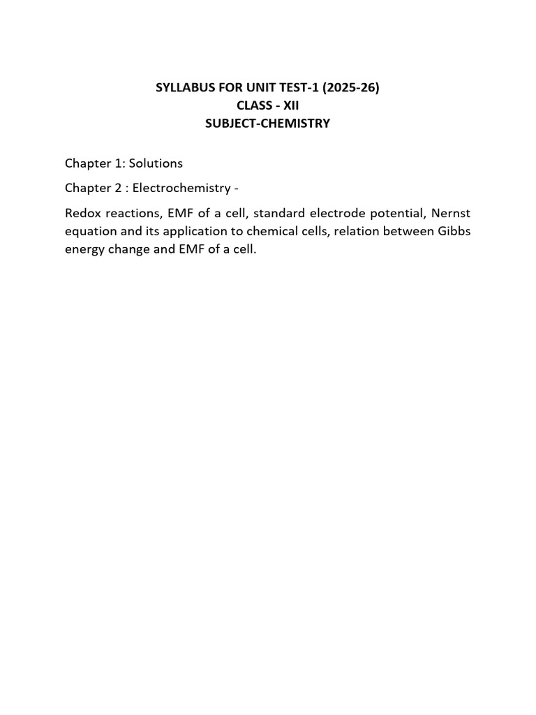 Class XII Chemistry Unit Test 1 Syllabus | PDF