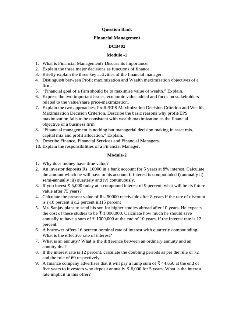 Question Bank FM Modulewise | PDF | Net Present Value | Cost Of Capital