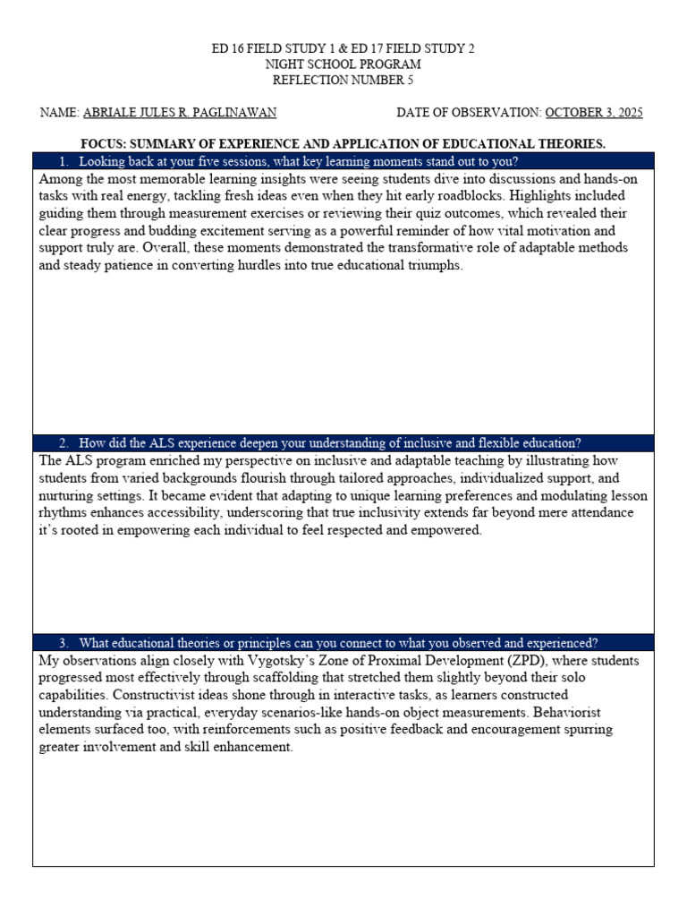 PAGLINAWAN - FS - NSP - REFLECTION 5-Compressed | PDF | Learning ...