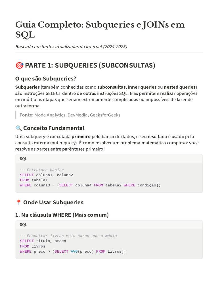 Guia Completo Subqueries e JOINs em SQL | PDF | SQL | Software de gerenciamento de dados