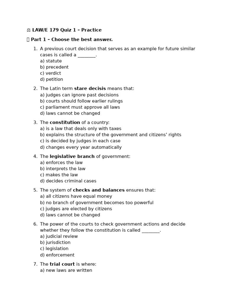 Law Quiz 1: Key Concepts and Terms | PDF | Precedent | Judicial Review