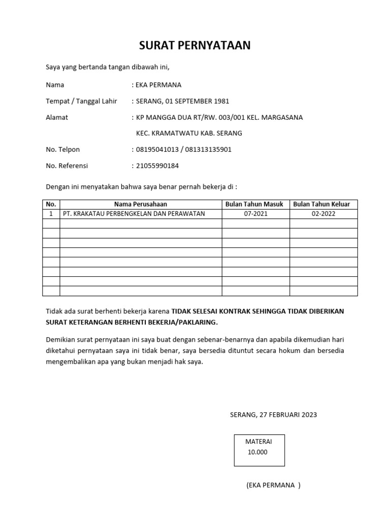 Surat Pernyataan Kerja Eka Permana | PDF