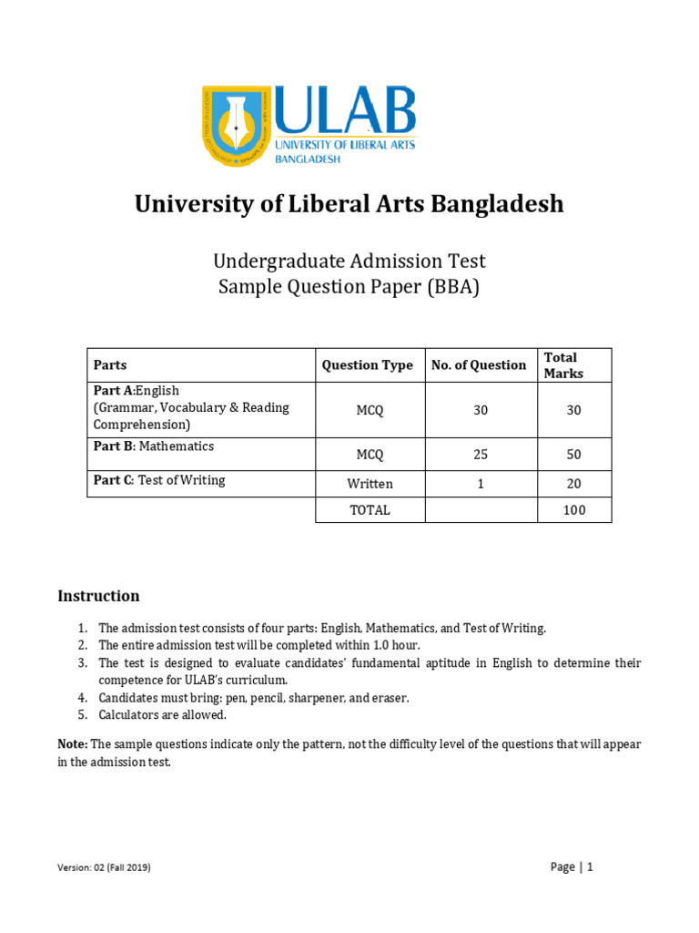 ULAB BBA Admission Test Sample Paper | PDF | Marie Curie