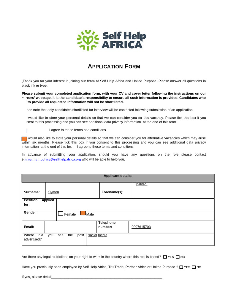 Job Application Form for Self Help Africa | PDF | Salary | Information ...