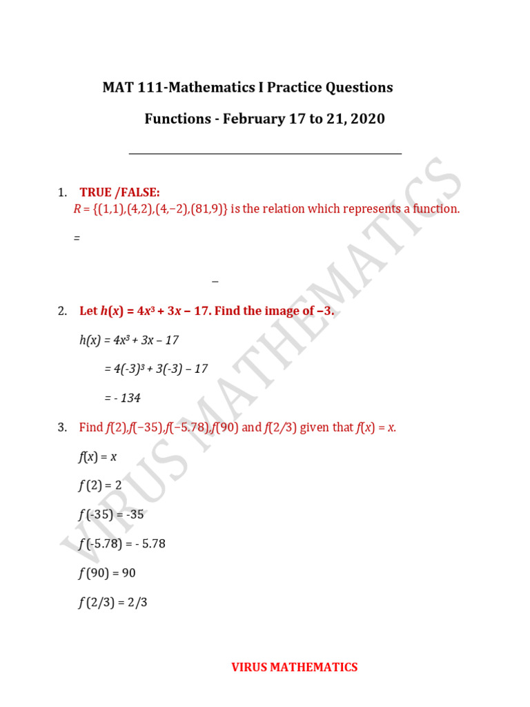 Mat 111 Tutorial Solutions | PDF | Function (Mathematics) | Functions ...
