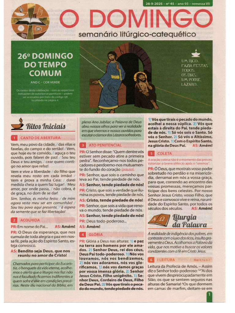 Folheto 26o Domingo Do Tempo Comum 280925 | PDF