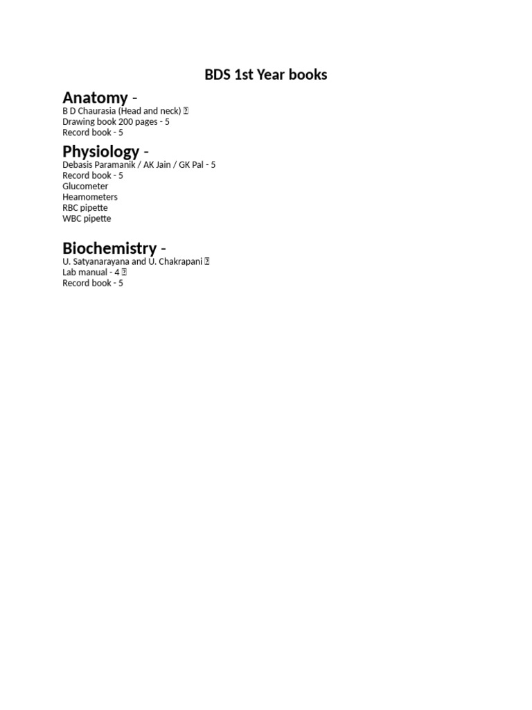 BDS 1st Year Essential Books List | PDF