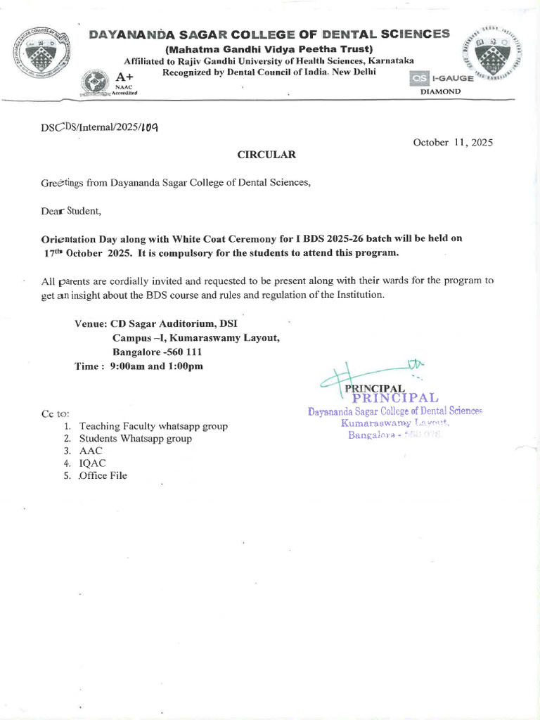 Circular - 109 - Orientation Day and White Coat Ceremony For I BDS 2025-26 On 17-10-2025 | PDF